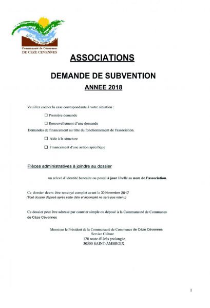 Demande de subvention des actions culturelles - Communauté de communes de Cèze Cévennes - Site ...